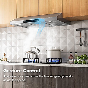 HisoHu 30 Inch Under Cabinet Range Hood with 900-CFM, 4 Speed Gesture Sensing&Touch Control Panel, Stainless Steel Kitchen Vent