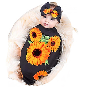 Galabloomer Newborn Receiving Blanket Headband Set Flower Print Baby Swaddle Receiving Blankets Sunflower