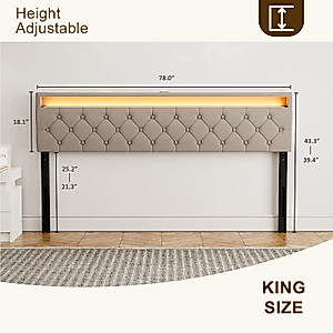 IKIFLY Upholstered King Size Headboard with LED Lights & 2 USB Ports - Adjustable Height - Button Tufted Linen Fabric Padded Headboard, Easy Assembly, King Headboard Only for Bedroom - Light Brown