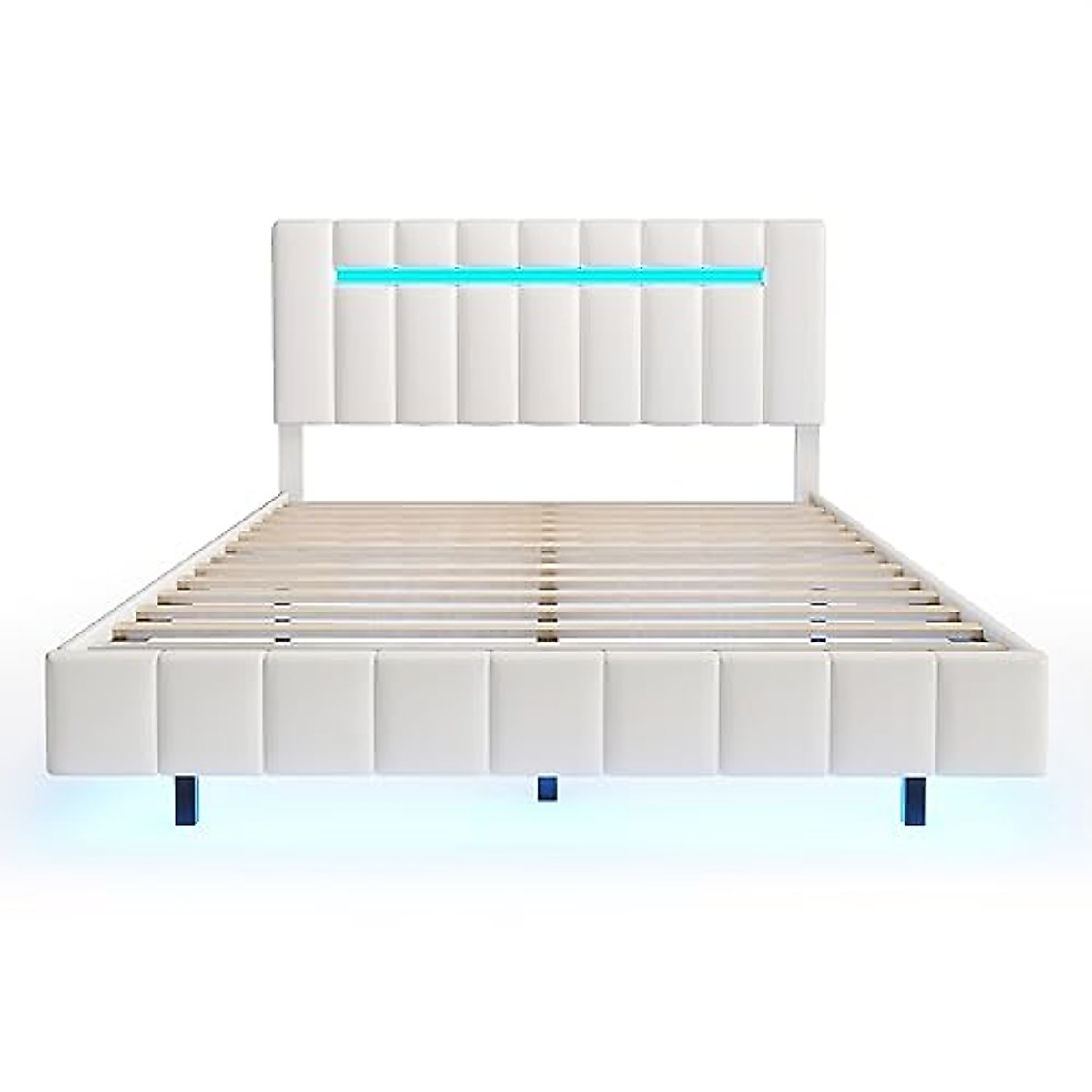 Modern Upholstered Platform LED Bed Frame, Queen Size Upholstered Bed with LED Lights and USB Charging, Floating Bed Frame with Wood Slats Suooprt, No Box Spring Needed (White, Floating Bed Frame 6)
