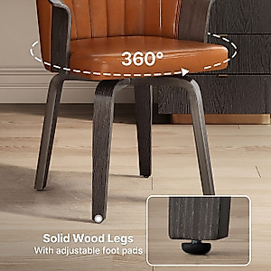 Art Leon Desk Chair No Wheels, Mid Century Modern Swivel Accent Chair, Faux Leather Upholstered Home Office Desk Chair with Wood Legs, Brown/Black Oak