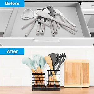 RedCall Utensil Holder for Countertop,Stainless Steel Kitchen Holder,2-In-1 Spoon Spatula Holder for Kitchen Counter,Large Wire Utensils Organizer,Black Cooking Tool Holder Storage Crock