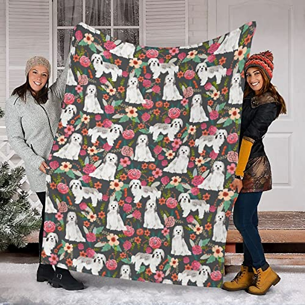 Cute Havanese Dogs Lovers Pink Rose Flower Floral Funny Dog Puppy Animals Boho Style 3D Print Blanket throw Ultra Soft Light Cozy Flannel Blankets For Bedroom Bed And Sofa Quilt Birthday Gifts 50"x40"