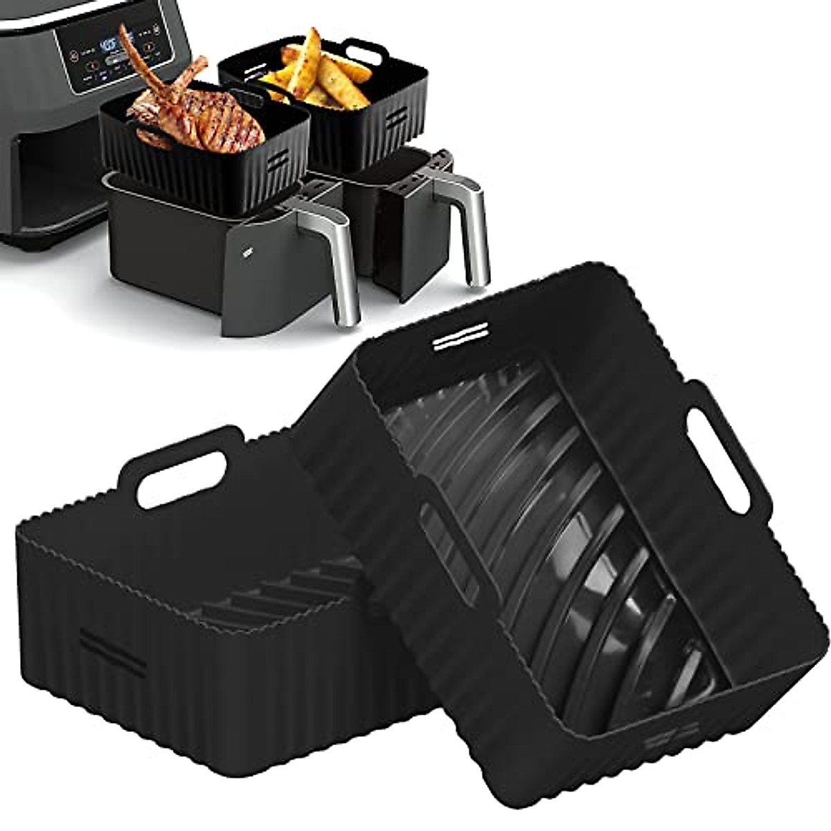 Air Fryer Silicone Pot, Moleath 2Pcs Rectangular Air Fryer Liners Reusable Silicone Air Fryer Basket Insert for Ninja Foodi Dual DZ201 DZ401 DZ090 DZ550 6-10QT and Instant Pot 8QT Dual Air Fryers