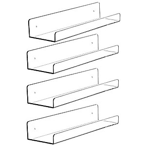 Cq acrylic 15" Invisible Acrylic Floating Wall Ledge Shelf, Wall Mounted Nursery Kids Bookshelf, Invisible Spice Rack, Clear 5MM Thick Bathroom Storage Shelves Display Organizer, 15" L,Set of 4