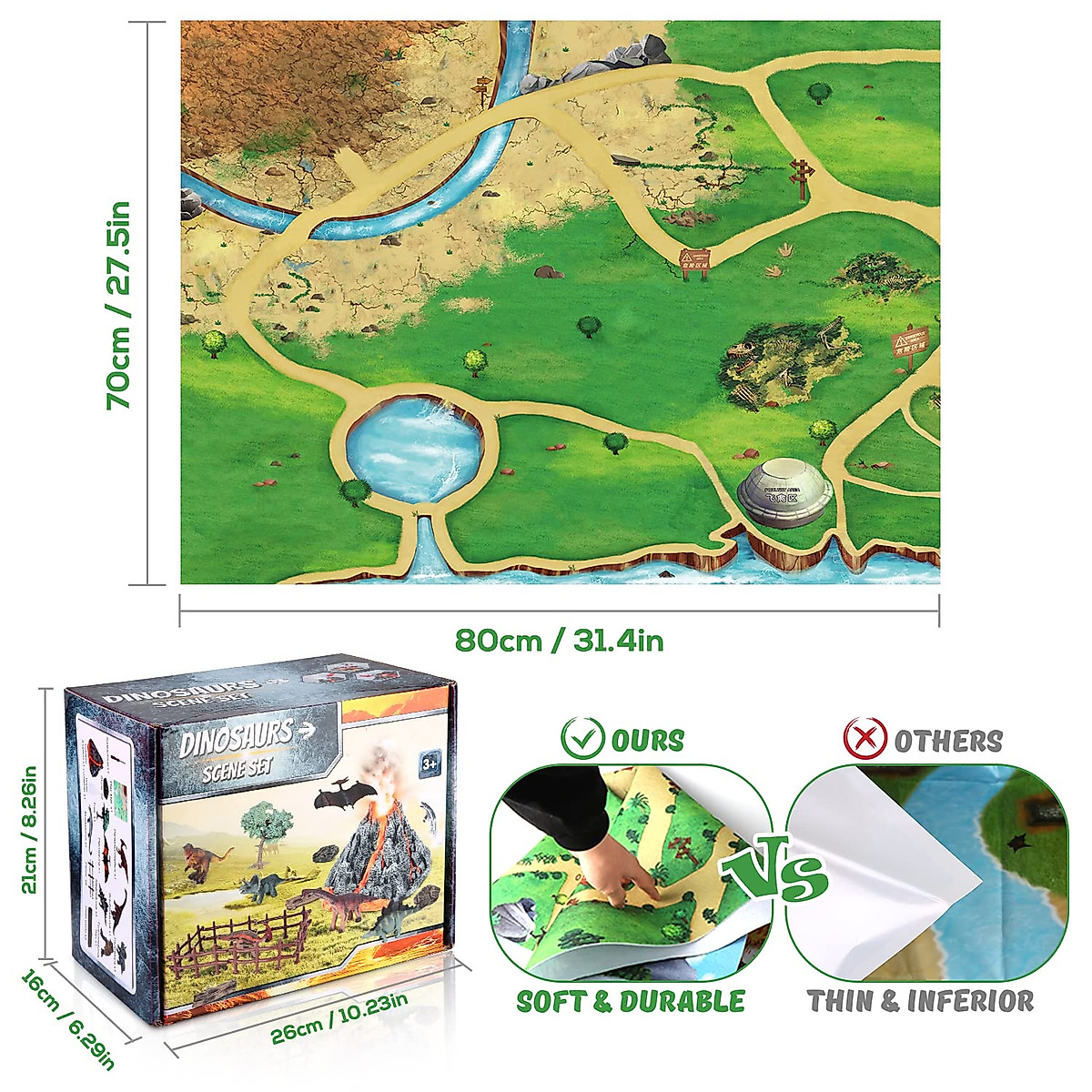 kramow Dinosaur Volcano Figures Toy with Mat, Mist-spouting Volcano Playset with Realistic Dinosaurs,Stone and Tree to Create a Dinosaur World Educational for Kids Boys Girls Age 3+