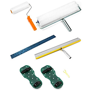 QWORK Self-Levelling Cement Tool Kit, Floor Construction Roller Spike Shoes, Epoxy Floor Paint Tool, Stainless Steel Scraper Self-Leveling Rake