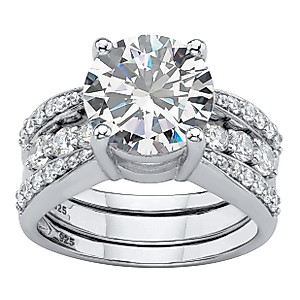 PalmBeach Yellow Gold-Plated or Platinum-Plated Sterling Silver Round Cubic Zirconia Jacket Bridal Ring Set Size 7