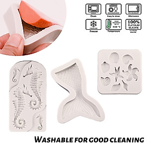 SAKOLLA Mermaid Theme Cake Fondant Mold - Seahorse Seashell Starfish Mermaid Tail Silicone Mold for Cake Decoration, Chocolate, Candy, Polymer Clay, Cupcake Decor, Sugar Craft