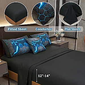 Tasselily Game Console Blue Comforter Set with Sheets, 6 Pcs Bed in A Bag Geometric Lightweight Boys Full Size Bedding Set for Kids Teens