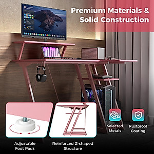 Tangkula L Shaped Gaming Desk with Power Outlets, Small Gaming Computer Desk 39inch with Storage Shelf, Corner Desk with Carbon Fiber Texture, Gamer Desk Gaming Table (Pink)