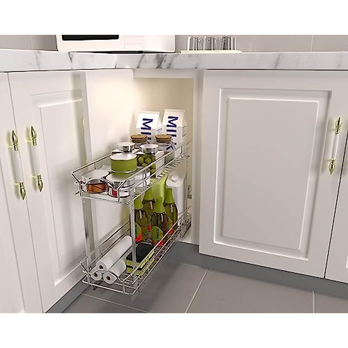 OCG Slide Out Cabinet Organizer for Narrow Cabinet (9" W X 21" D), 2 Tier Pull Out Shelves Slim Sliding Cabinet Organizer and Storage, Chrome