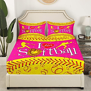 Softball Player Bedding Set Twin Size Sports Softball Bed Set for Girls Teens Bedroom Decor Kids Yellow and Pink Fitted Sheet Soft Microfiber Gaming Bed Cover(1 Fitted Sheet+1 Pillow Case)