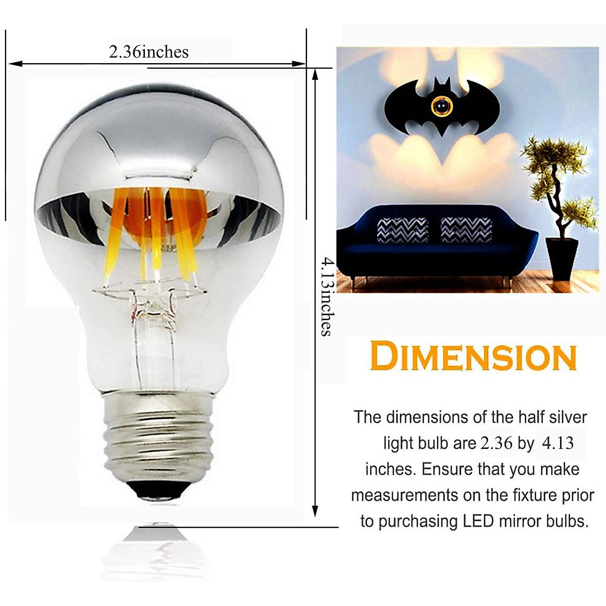 Edearkar A19 Half Chrome Light Bulb 6W Dimmable, E26 Base Daylight White 6000K 60W Equivalent 600lm Decorative Silver Mirror LED Edison Bulb for Indoor Living Room, AC110V, E26 Base, Pack of 4