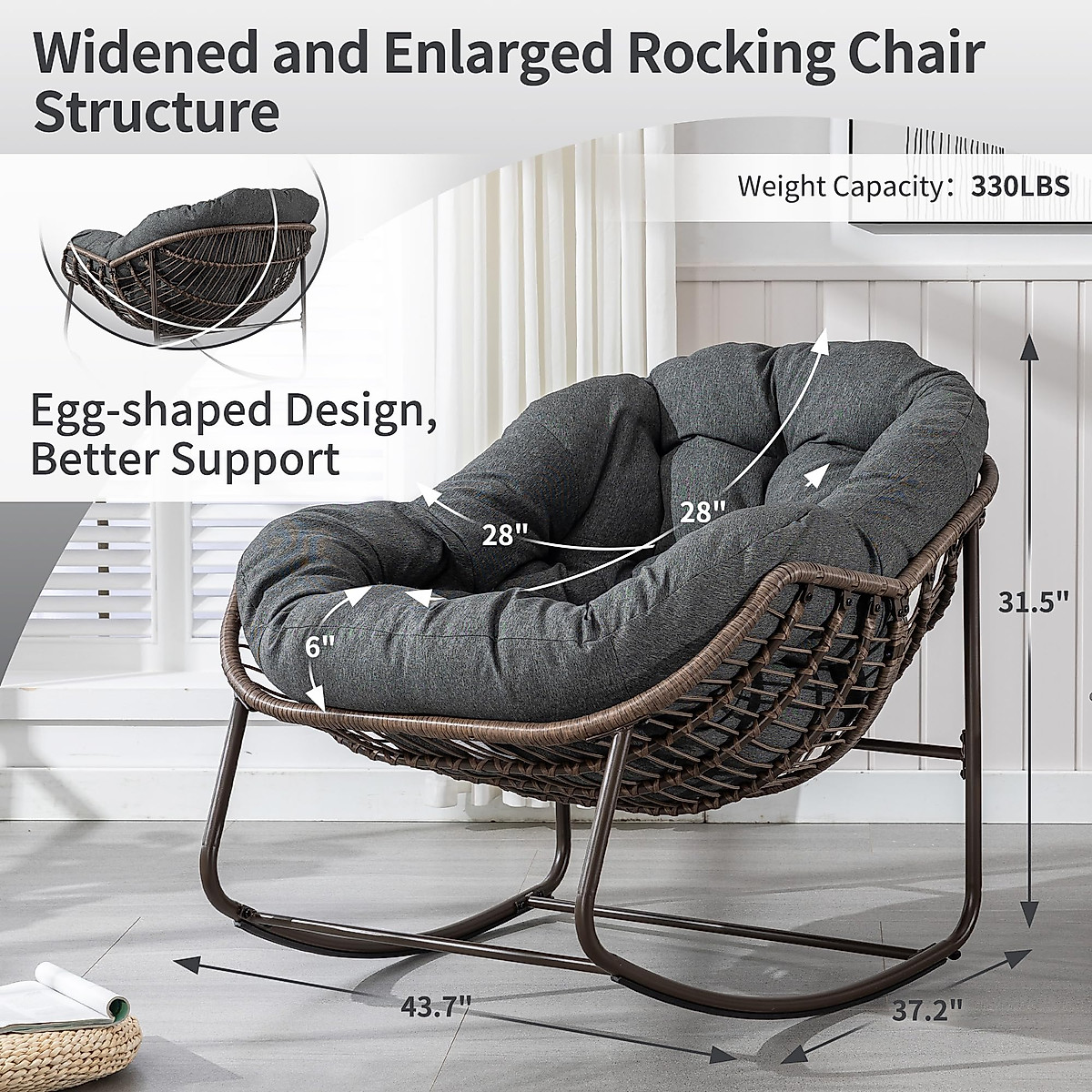 HOMEFUN Outdoor Patio Rocking Chairs, Oversized Papasan Rocking Chair Indoor with Padded Cushion - Rocker Egg Chair for Front Porch, Garden, Patio, Backyard Gray