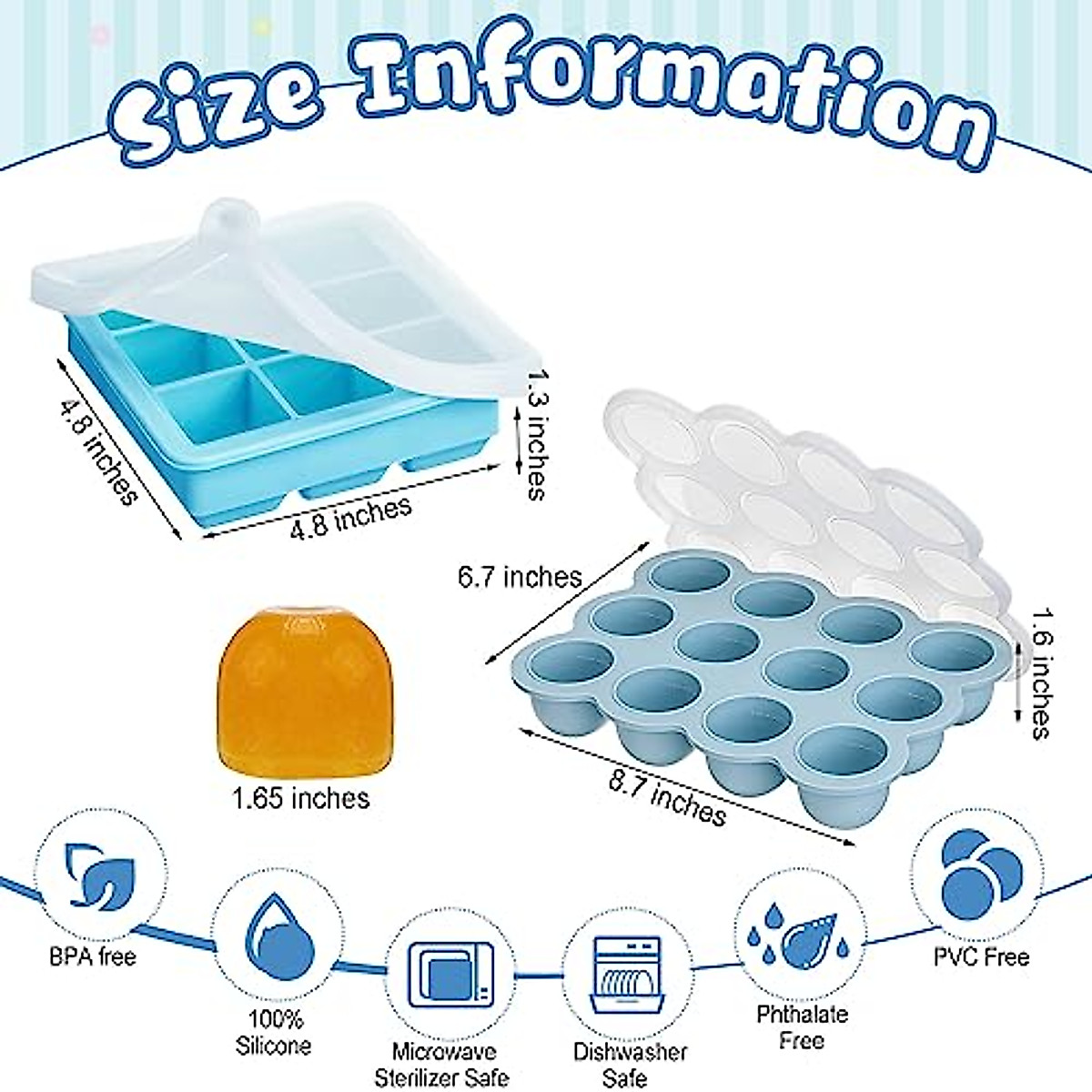 Hoolerry 6 Pcs Baby Food Storage Container Silicone Baby Food Freezer Tray with Clip on Lids Milk Trays for Breastmilk Baby Food Ice Cube Trays for Baby Food Vegetable Fruit Purees, 2 Styles