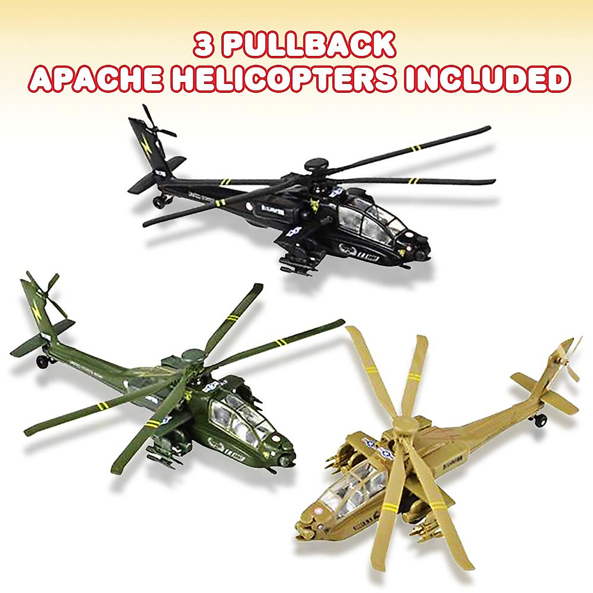 ArtCreativity Diecast Apache Helicopters with Pullback Mechanism, Set of 3, Diecast Toy Choppers with Spinning Propellers, Birthday Party Favors, Goodie Bag Fillers for Kids