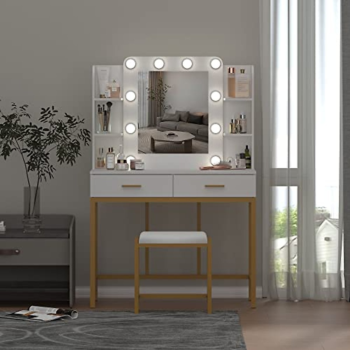 Vabches Makeup Vanity with Lighted Mirror,Vanity Mirror with Lights and Table Set,Vanity Set with 10 LED,Vanity Desk with 3 Lighting Modes and 2 Drawers&Cushioned Stool for Bedroom.