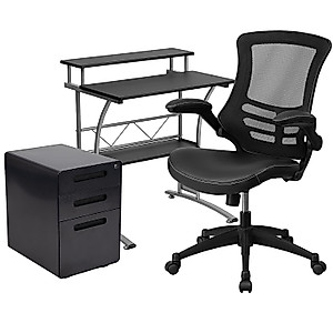 Flash Furniture Work From Home Kit - Black Computer Desk, Ergonomic Mesh/LeatherSoft Office Chair and Locking Mobile Filing Cabinet