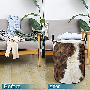Laundry Basket Brown Cow Print Collapsible Laundry Hamper with Handles Clothes Storage Bin for Household Bedroom Bathroom College Dorms