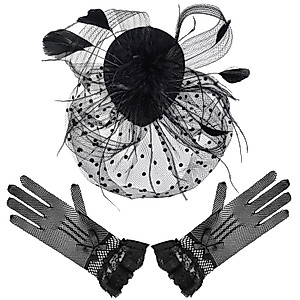 Heliltd Fascinators Hat for Women 1950s Vintage Pillbox Hat Faux Feather Mesh Net Veil Hat Cocktail Tea Party Headwear for Halloween Party and Lace Gloves Black