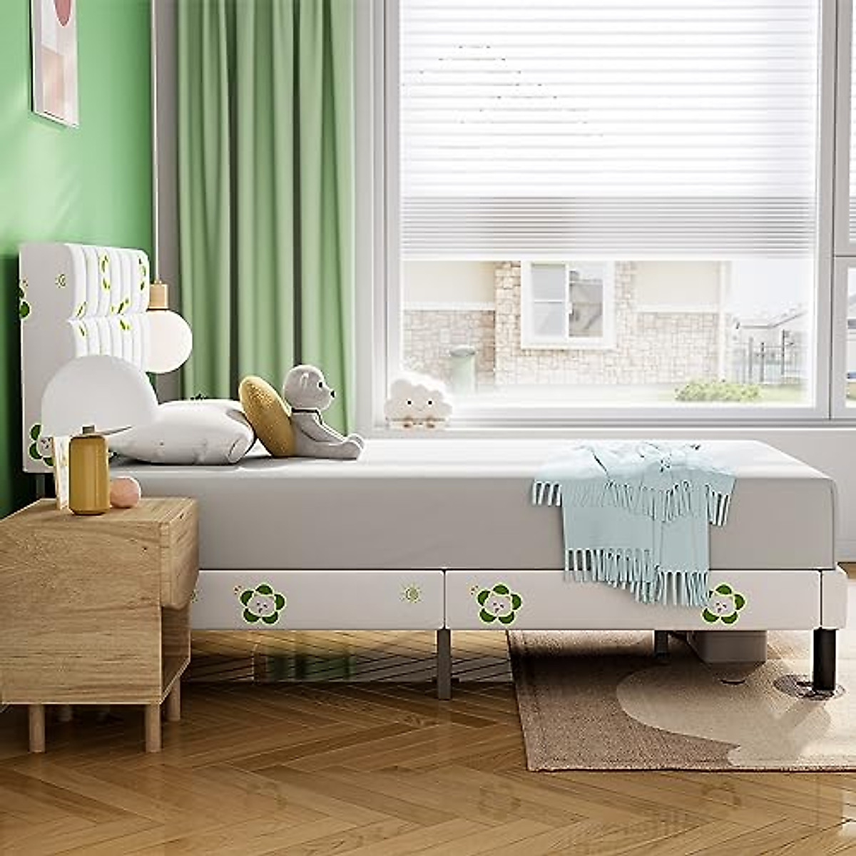Molblly Twin Bed Frame Upholstered Platform with Velvet Headboard and Strong Wooden Slats, Non-Slip,No Box Spring Needed, Easy Assembly,White Green