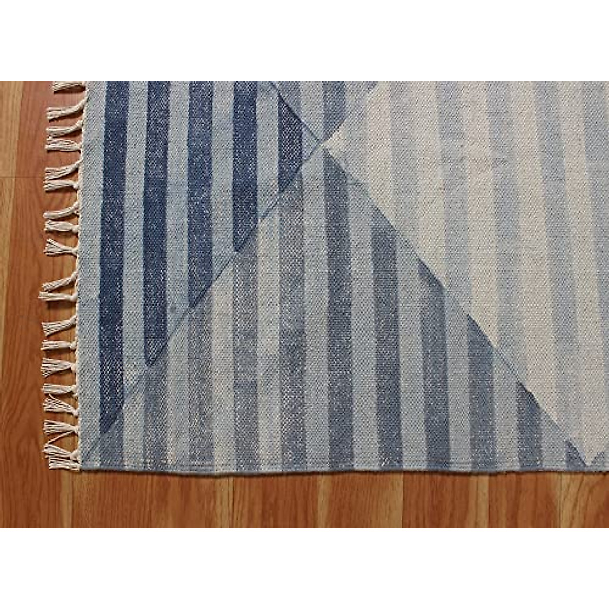 Casavani Hand Block Printed Cotton Dhurrie Striped Blue Tassel Rug Easy Care Washable Rugs for Doormat Entryway Living Room Bedroom Hallway Balcony 2x3 Feet