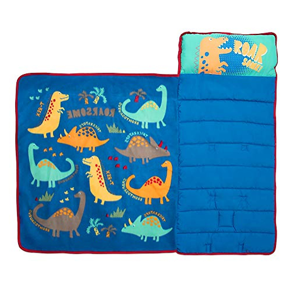Baby Boom Funhouse Dinosaurs Kids Nap Mat Set – Includes Pillow and Fleece Blanket – Great for Boys Napping during Daycare or Preschool - Fits Toddlers, Blue