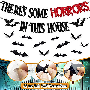44 PCS Halloween Party Decorations There's Some Horrors In This House Banner 3D Bats Wall Decor Horrible Ghost Pumpkin Witch Spider Tumbstone Cat Hand Theme Hainging Swirl for Girl Boy Party Supplies