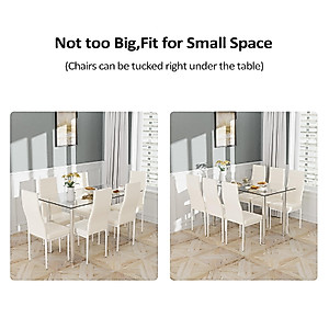 Bonnlo Dining Table Set for 6,Kitchen Table and Chairs for 6,Small Dining Room Table and 6 PU Leather Chairs for Small Place,Metal Frame,Clear&White