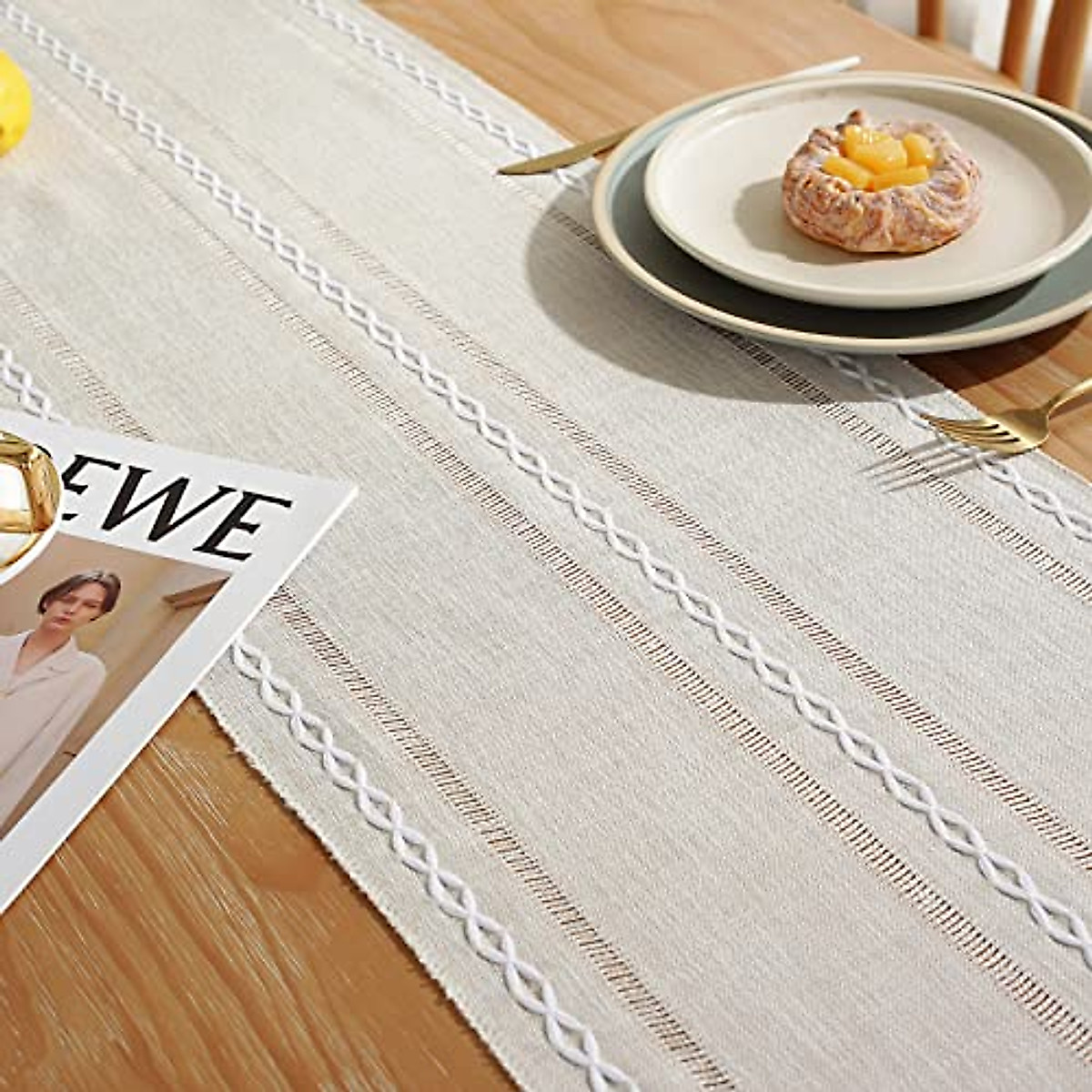 Laolitou Rustic Table Runner with Tassels, Cotton Linen Table Decoration for Holiday Party, Farmhouse Table Runners, Wedding and Dining Decorations, 72 Inches, Ivory