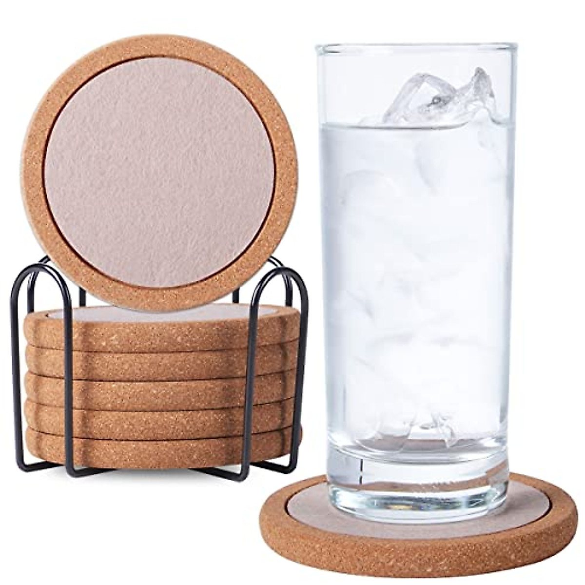 Drink Coasters with Holder, Absorbent Coaster, (6 Pack), Cork Felt Coasters, Coasters for Table Protection, Round Thick Coasters for Drinks, Glasses, Cups, Bar, Housewarming Gift, Beige.