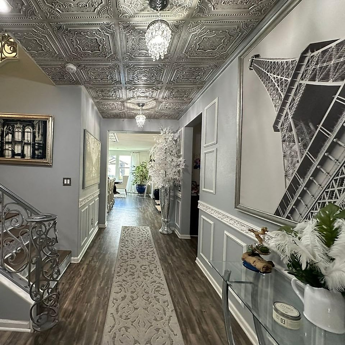 Faux Tin Glue up Drop in Ceiling Tile #TD04 Antique Silver. Pack of 10 2'X2' tiles covers 40 sq.ft. Easy to install PVC panels, great for DIY projects - antique vintage look ceiling, 3D wall paneling