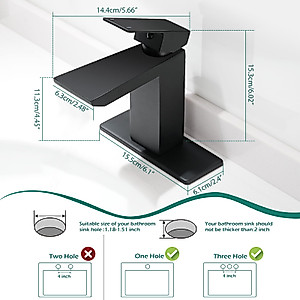 Hoimpro Matte Black Waterfall Single Hole Bathroom Faucet with 6" Deck Plate, Stainless Steel Bathroom Sink Faucet with Pop-up Drain, Rv Vanity Vessel Faucet with Supply Lines, Matte Black