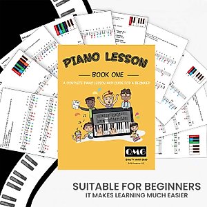 QMG Color Piano and Keyboard Stickers and Complete Color Note Piano Music Lesson and Guide Book 1 and Book 2 for Kids and Beginners; Designed and Printed in USA
