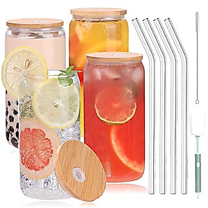 Glass Cups with Bamboo Lids and Straws 4pcs Set,16oz Wide Mouth Drinking Mason Glass Tumbler,Reusable Beer Cans Glasses,Iced Coffee Glass, Juice Boba Cup, Pearl Glass,Milk Cup -wih 2 Brushes
