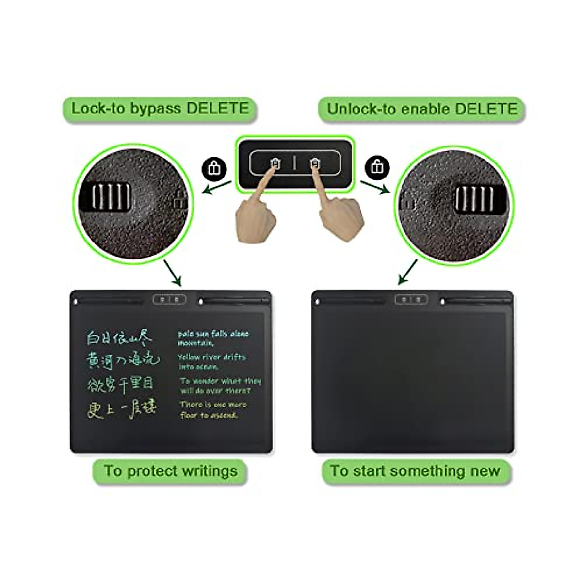 Large LCD Writing Board 16 Inches with 2 Delete Keys and Split Screen for Local Erasing, Electronic Drawing and Doodle Tablet for Adult and Kid with 2 Pens, Nice Holiday or Birthday Present (Black)