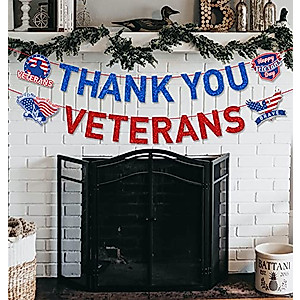 JKQ Blue Red Glitter Thank You Veterans Banner Happy Veterans Day Garland Banner Land of the Free Because of the Brave Honoring All Who Served America Patriotic Party Fireplace Mantle Wall Decorations Supplies