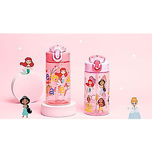 Zak Designs Kids Water Bottle For School or Travel, 16oz 2-Pack Durable Plastic Water Bottle With Straw, Handle, and Leak-Proof, Pop-Up Spout Cover (Disney 100 Princess, Limited Edition)