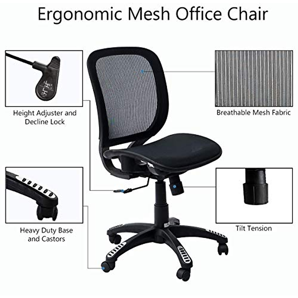 Ergomax Fully Meshed Ergonomic Height Adjustable Office Chair no Armrests & no Headrest, 42 Inch Max, Black