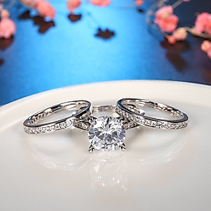 Round Cut CZ Bridal Set - 3 PCS/Set Big Solitaire Cubic Zirconia Engagement Wedding Ring Set for Women with Band
