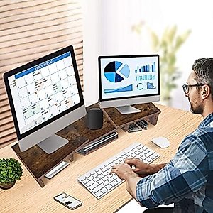 TEMI Monitor Stand Riser for 2 Monitors, Dual Monitor Riser Wood for Desk Standing, Wooden Computer Monitor Riser with Adjustable Angle and Length for Laptop, Computer, TV, PC and More (Rustic Brown)