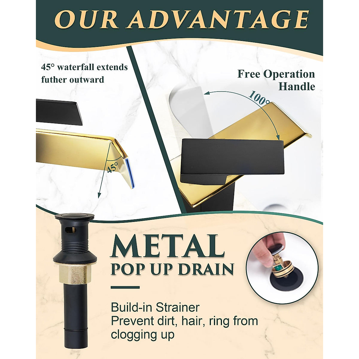 KUZOR 1PC Vessel Sink Faucet Brass Stainless Steel, Tall Bathroom Faucet 1 Hole 5-Minutes Installation - for Bathroom/Vanity/Bowl Sink - 11.26 Inch Height, 24.9 Oz Weight - Matte Black/Shiny Gold