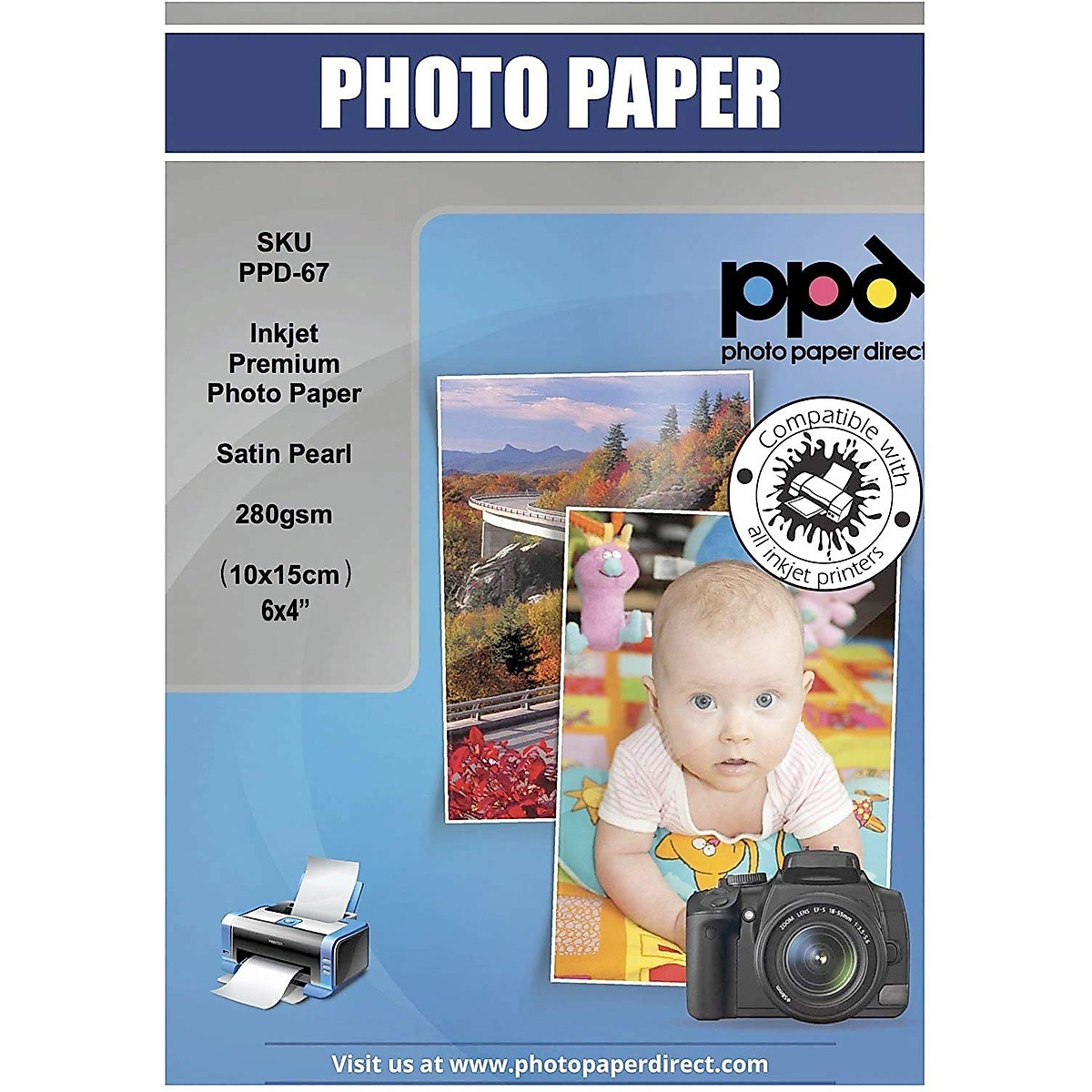 PPD Satin Photo Paper for Inkjet Printer, Premium Semi-Gloss Luster Finish 4 x 6 Size Sheets for Printable Photos, Thick 255 gsm 68 lbs 10.5 mil, White, Water Resistant & Instant Dry Prints (100 Pack)