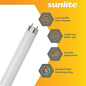 Sunlite 30195 T8 Linear Fluorescent Lamp, 32 Watts, 3050 Lumens, F32T8/SP841, 4100K Cool White, Medium G13 Bi Pin Base, High Performance Straight Tube, 30 Pack