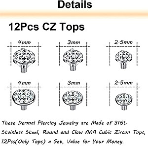 14G 4-20Pcs Surgical Steel Dermal Piercing Jewelry Cubic Zircon Micro Dermal Anchor Tops Titanium Base Dermal Piercing