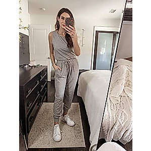 PRETTYGARDEN Women's Two Piece Outfit Sleeveless Crewneck Tops with Sweatpants Active Tracksuit Lounge Wear (Light Grey,Medium)