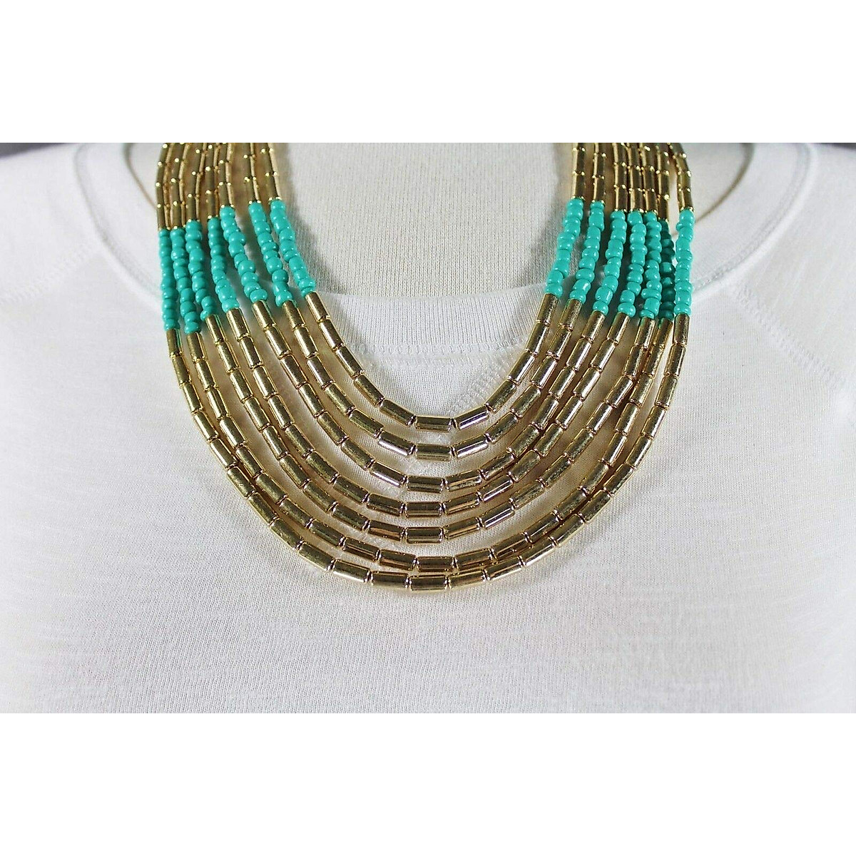 Turquoise Gold 7-Strand Layered Bib Beaded Necklace Statement Piece For Women