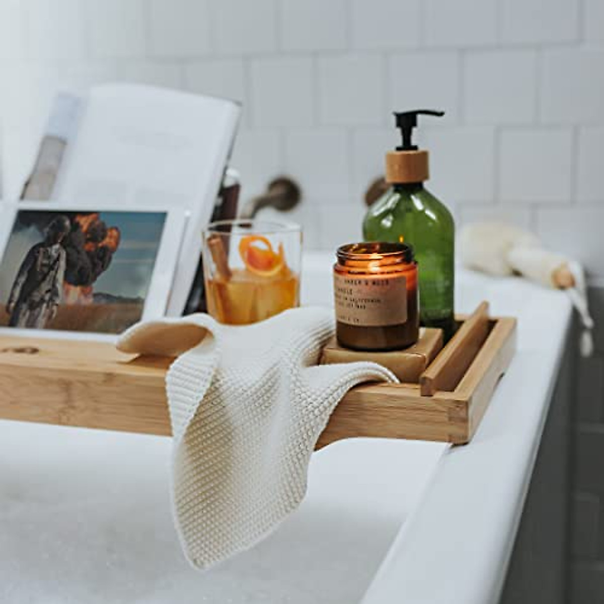 Bamboo Bathtub Caddy Tray for Tub- Expandable Bath Tray - Adjustable Organizer Tray for Bathroom for Luxury Spa - Book Holder, Tablet Smartphone and Wine Holder (Natural) by Pristine Bamboo