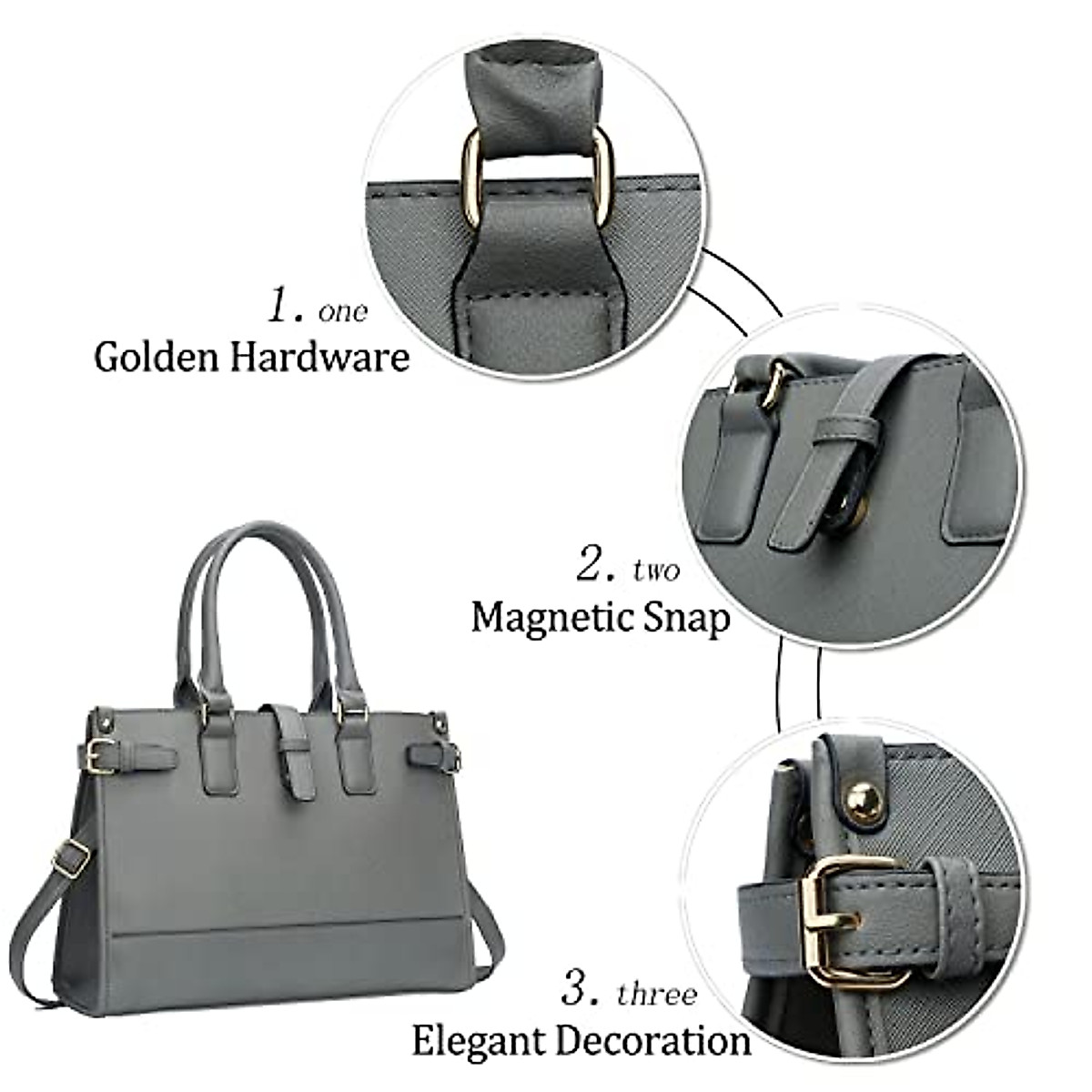 KKXIU Elegant Women Handbag Satchel Purses Vegan Leather Top Handle Shoulder Tote Work Bag (Grey)